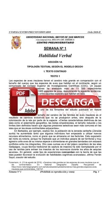 Semana 1 Pre San Marcos 2018 Ii Unmsm Pdf Solucionarios San Marcos